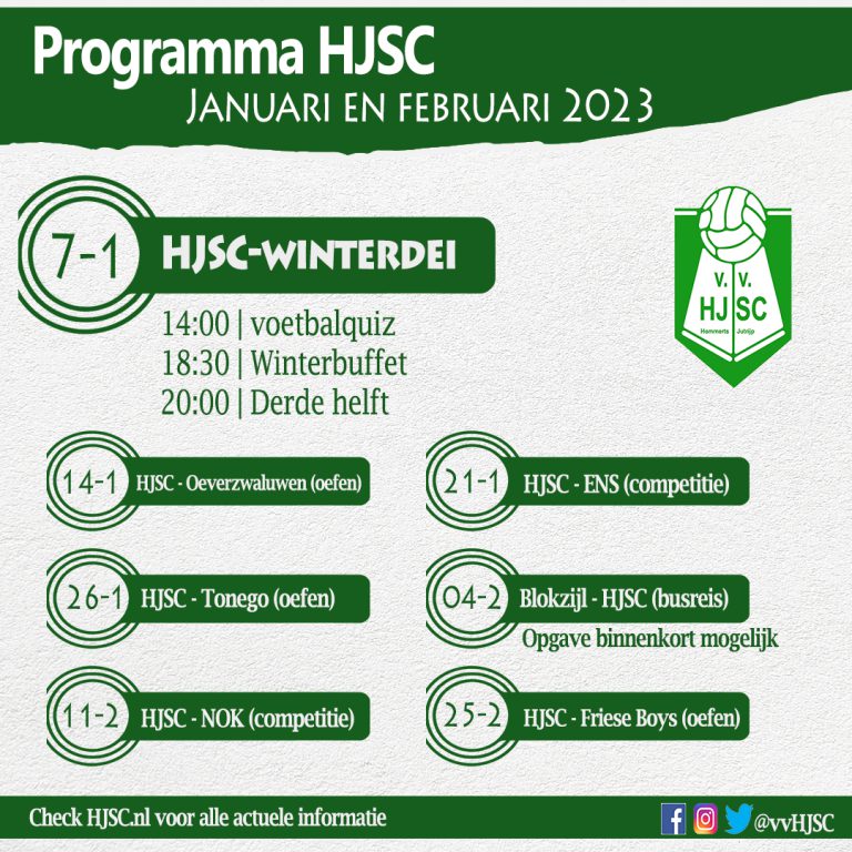 Dit is het programma in januari en februari 2023 • Voetbalvereniging HJSC